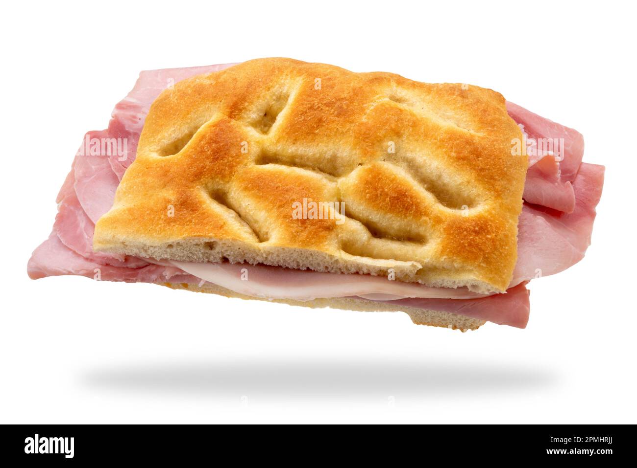 Focaccia sandwich, Genoa flatbread stuffed with ham slices, isolated on ...