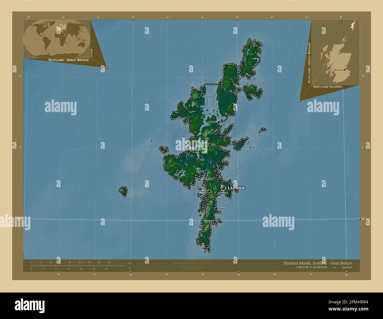 Shetland Islands, region of Scotland - Great Britain. Colored elevation ...