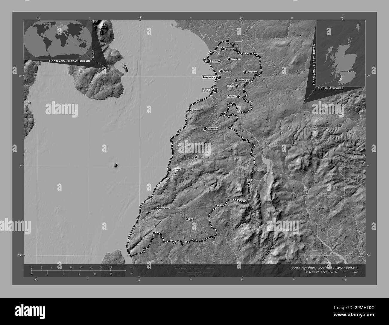 South Ayrshire, region of Scotland - Great Britain. Bilevel elevation ...