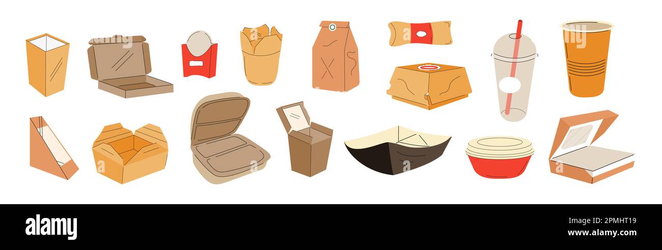 Food takeaway carton packages set vector. Lunch boxes. Cardboard cups ...