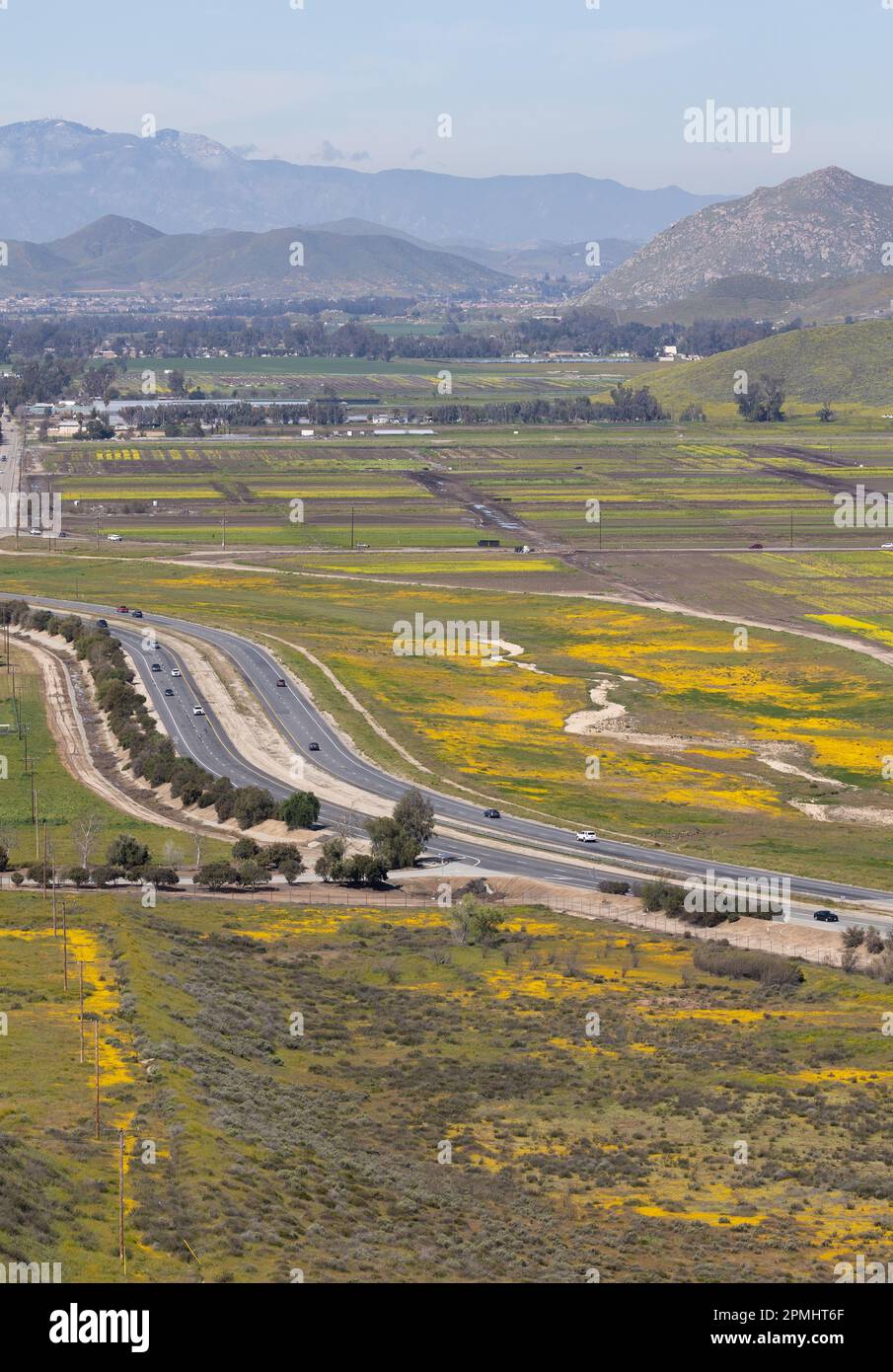 Super bloom of wildflowers surrounds a highway in California Stock ...
