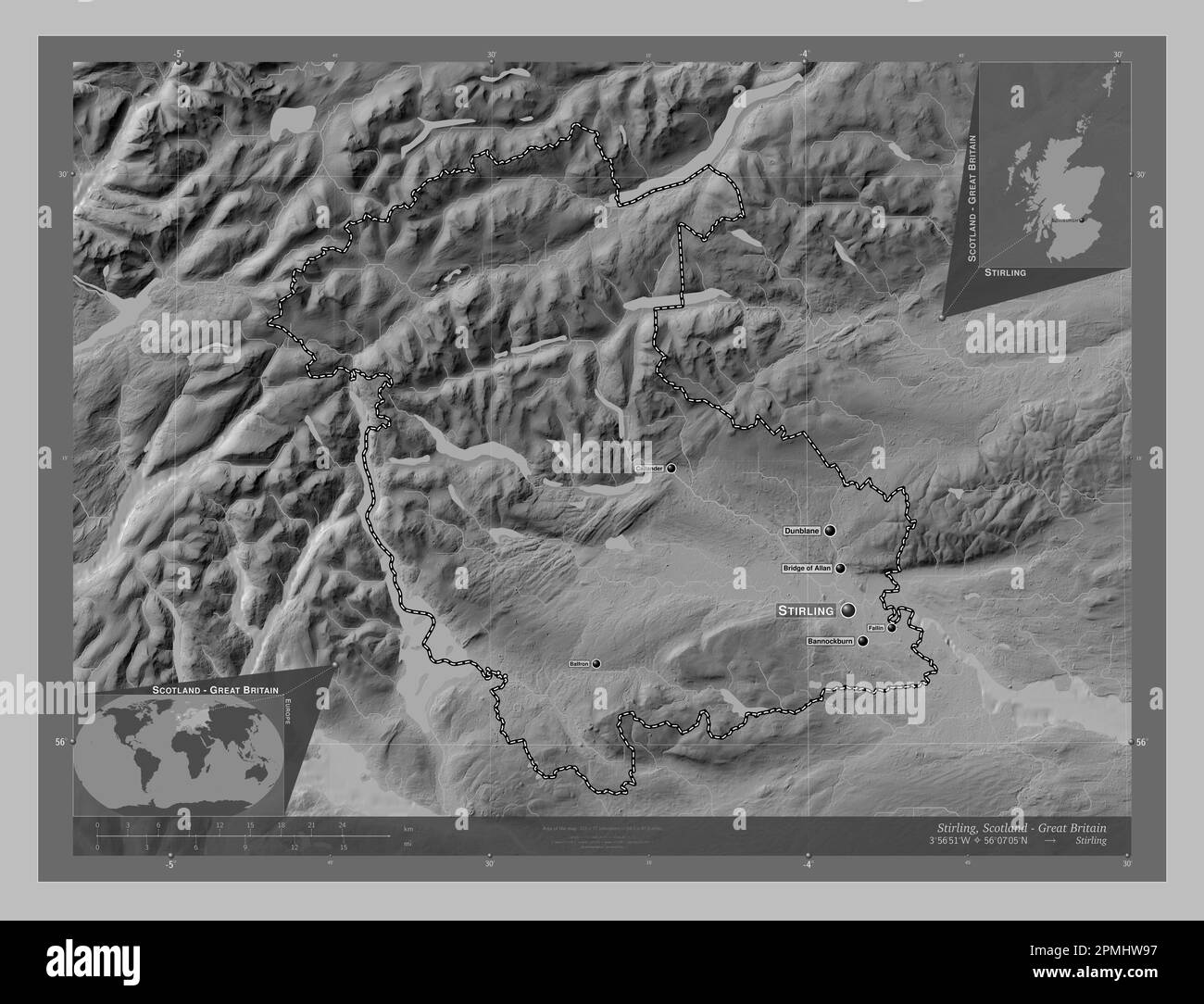 Stirling, region of Scotland - Great Britain. Grayscale elevation map ...