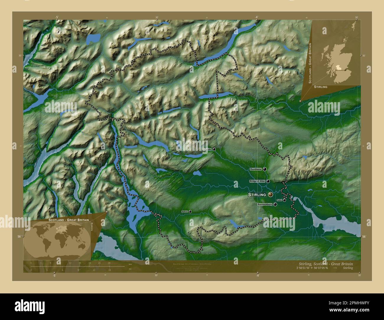 Stirling, region of Scotland - Great Britain. Colored elevation map ...