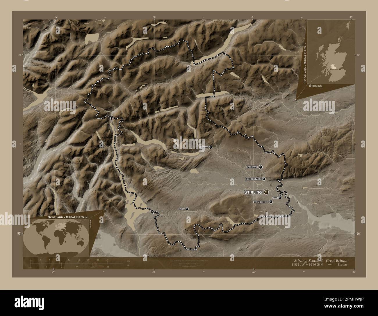 Stirling, region of Scotland - Great Britain. Elevation map colored in ...