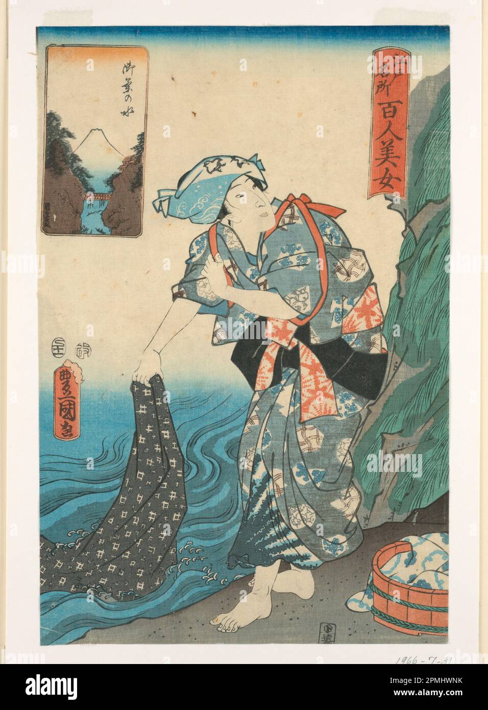 Woodblock Print, Woman washing fabric in a stream; Print Maker: Utagawa ...