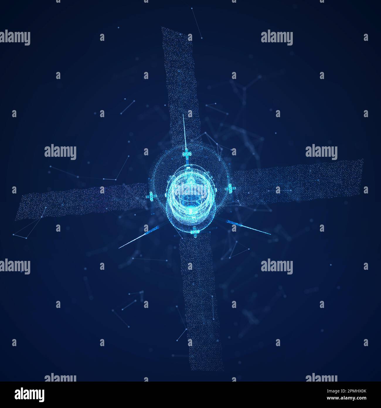 Satellite communications solar panels. Particles formation of 3d model ...