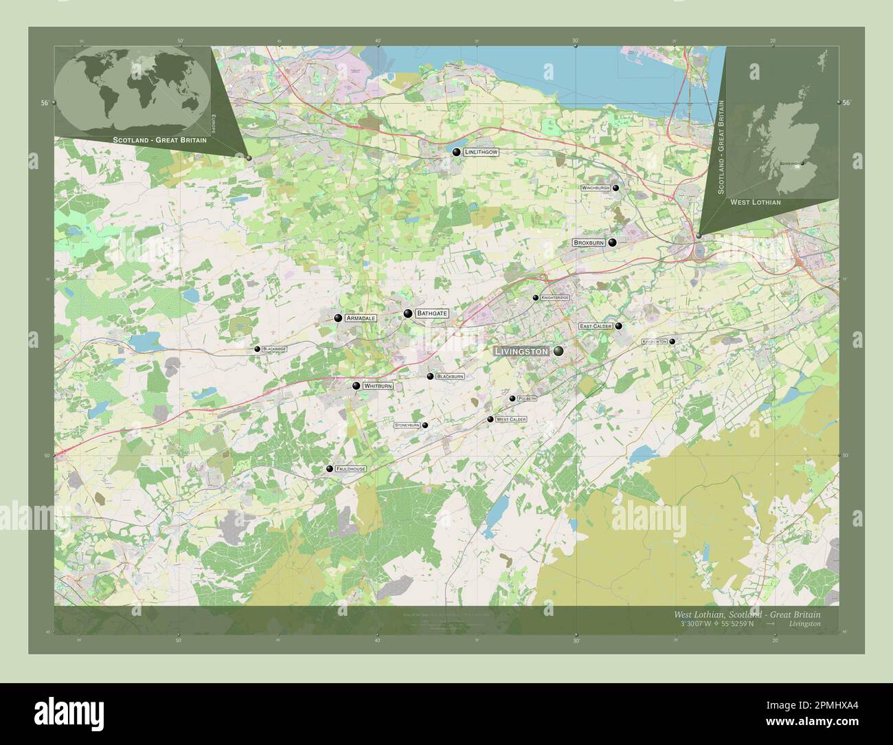 West Lothian, region of Scotland - Great Britain. Open Street Map. Locations and names of major ...