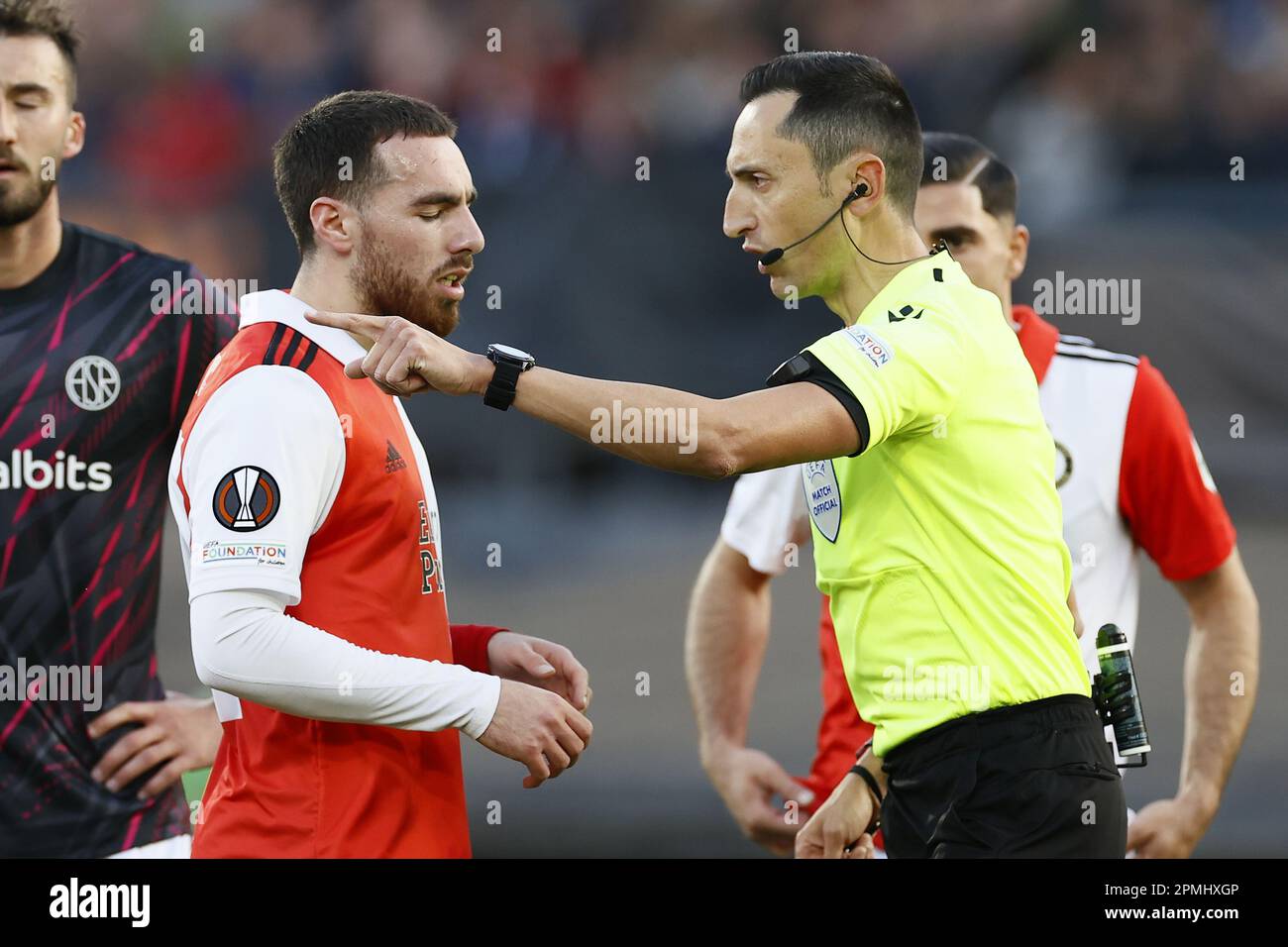 ROTTERDAM - (l-r) Orkun Kokcu of Feyenoord, referee Jose Maria Sanchez during the UEFA Europa ...