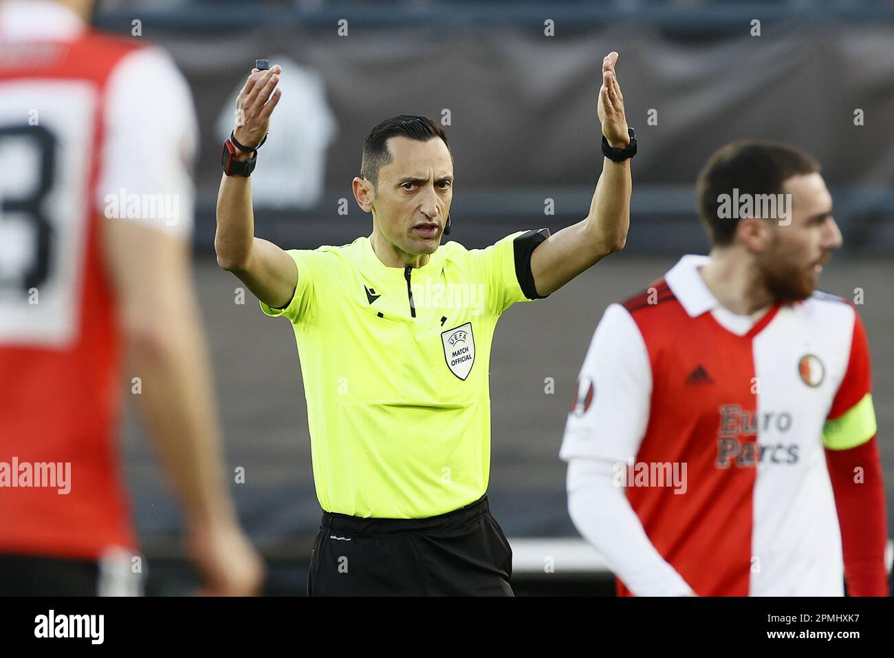 ROTTERDAM - (l-r) referee Jose Maria Sanchez, Orkun Kokcu of Feyenoord during the UEFA Europa ...