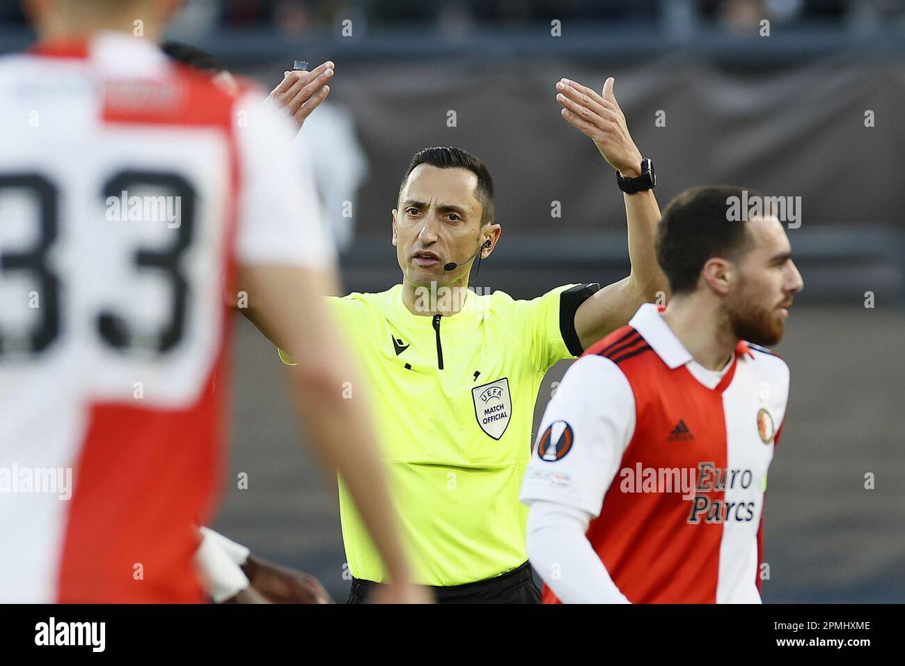 ROTTERDAM - (l-r) referee Jose Maria Sanchez, Orkun Kokcu of Feyenoord during the UEFA Europa ...