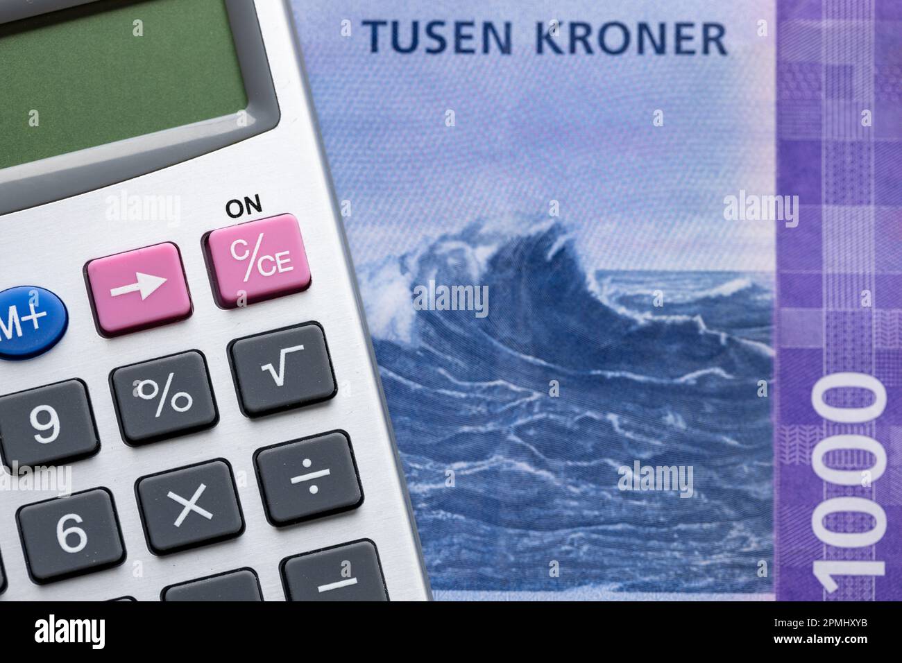 Norway money, 1000 norwegian kroner banknote and calculator, financial ...
