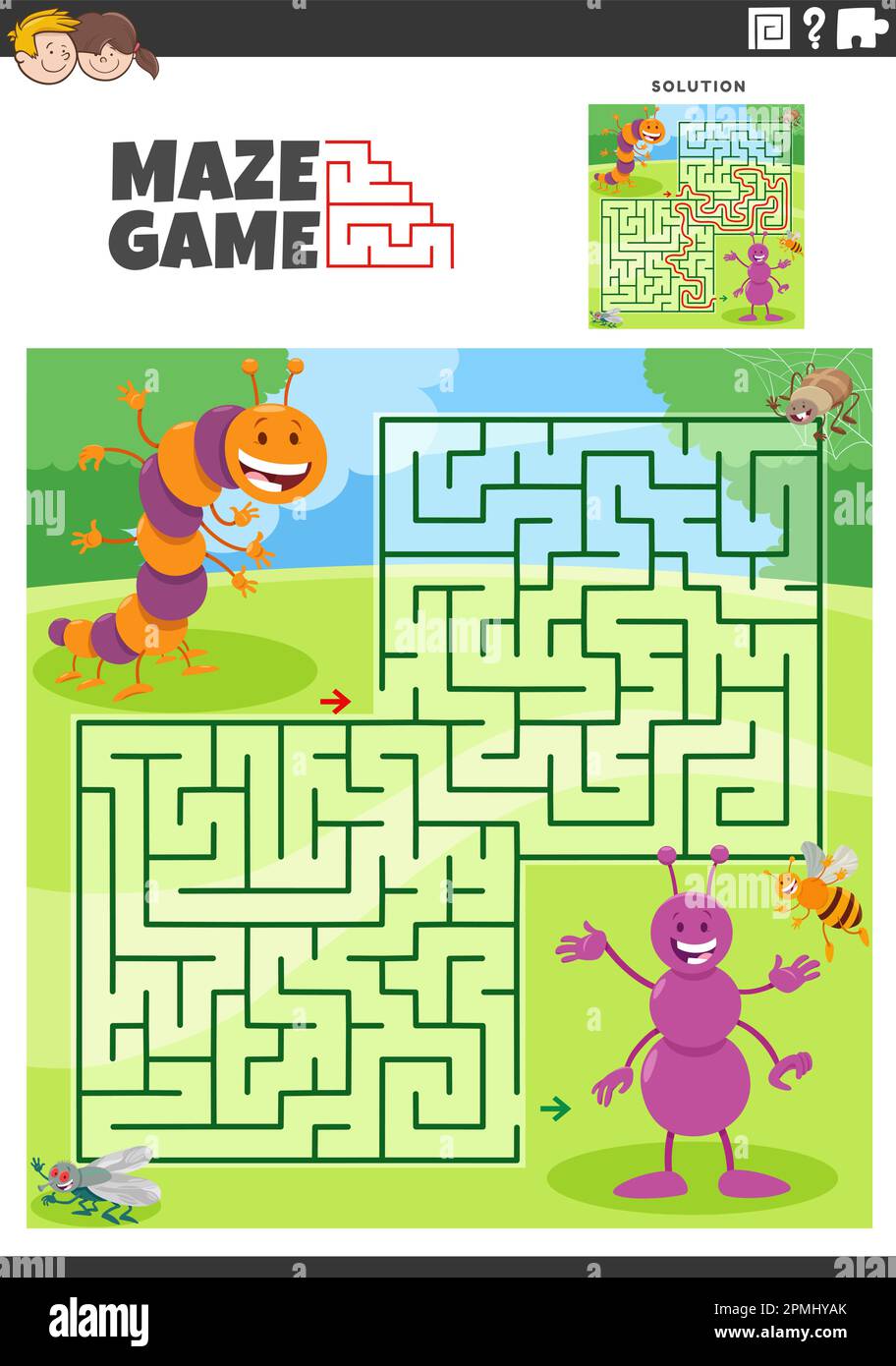Cartoon illustration of educational maze puzzle activity for children ...