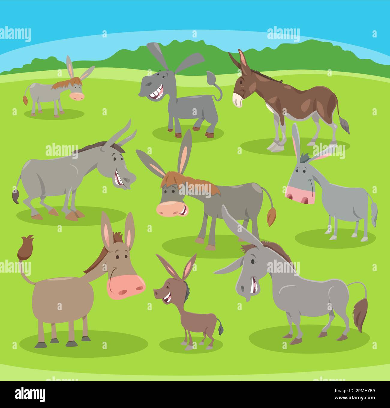 Cartoon illustration of happy donkeys farm animals comic characters set ...