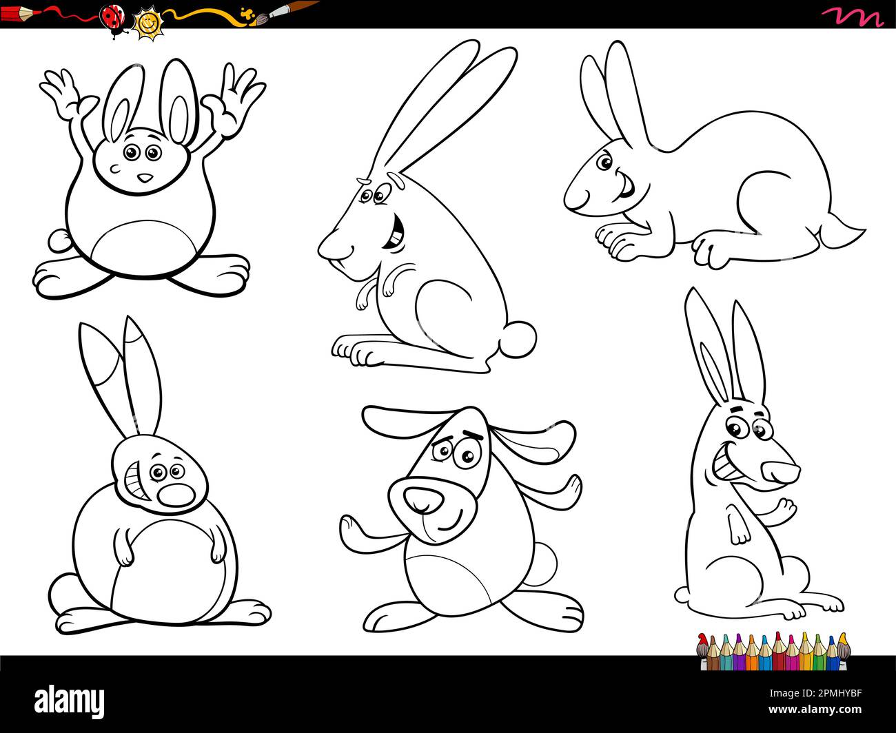 Black and white cartoon illustration of rabbits animal characters set ...