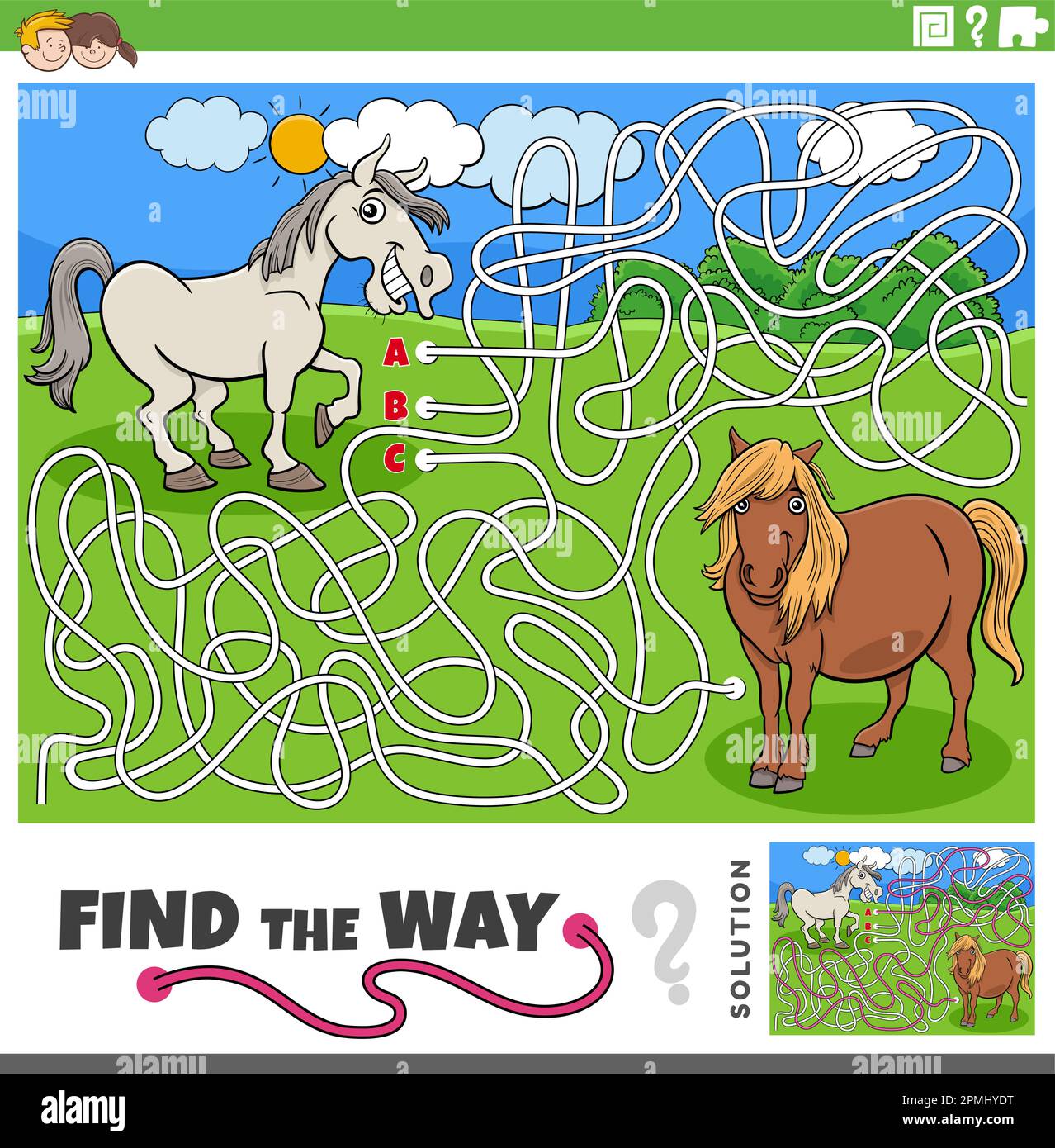 Cartoon illustration of find the way maze puzzle game with funny horses ...