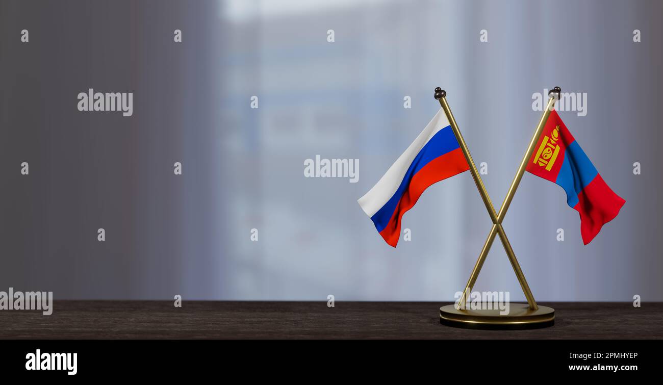 Russia and Mongolia flags on table. Negotiation between Mongolia and ...