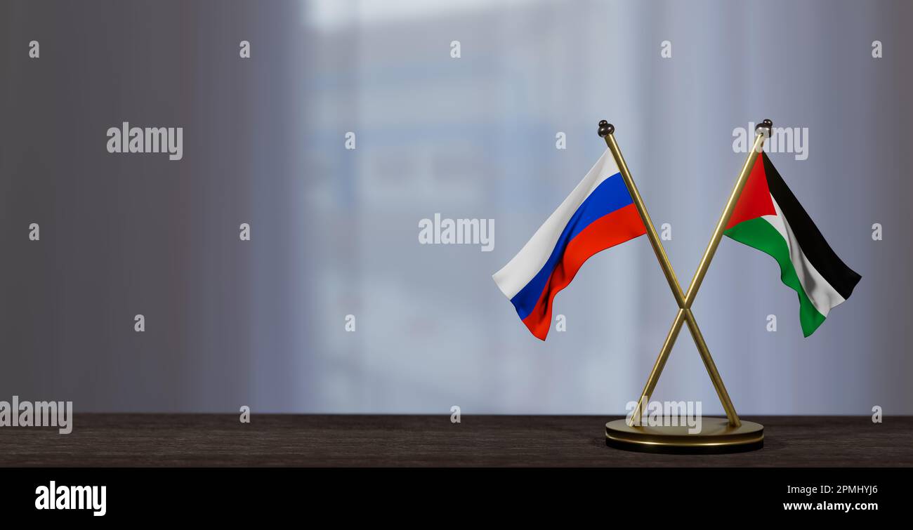 Russia and Palestine flags on table. Negotiation between Palestine and ...