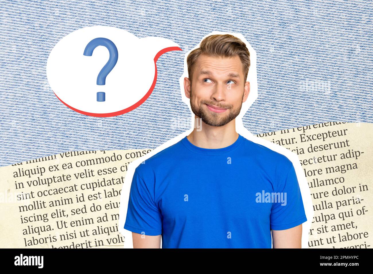 Photo collage of young doubtful funky guy wear blue t-shirt thinking ...