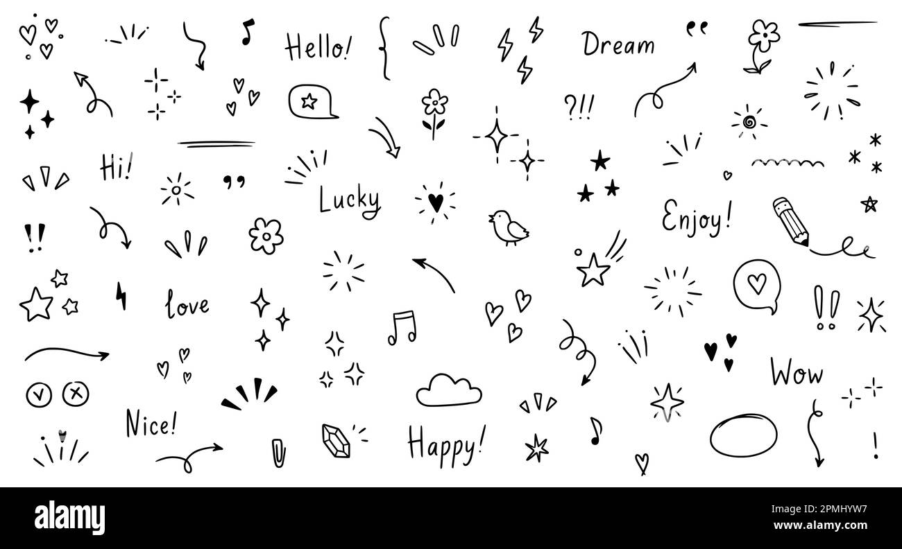 Doodle cute glitter pen line elements. Doodle heart, arrow, star ...