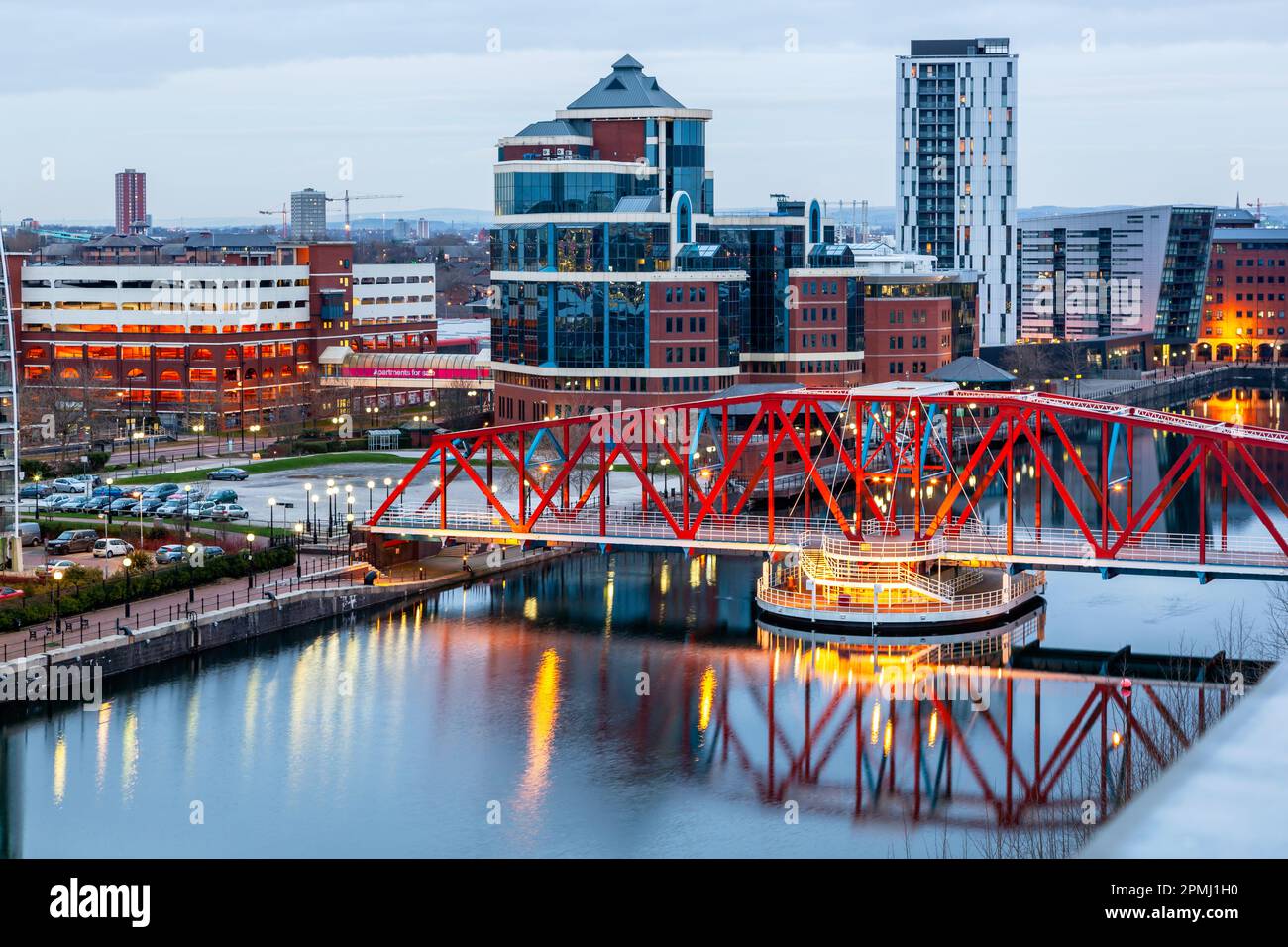 The Red Detroit Bridge in Salford Quay in Manchester UK Stock Photo - Alamy