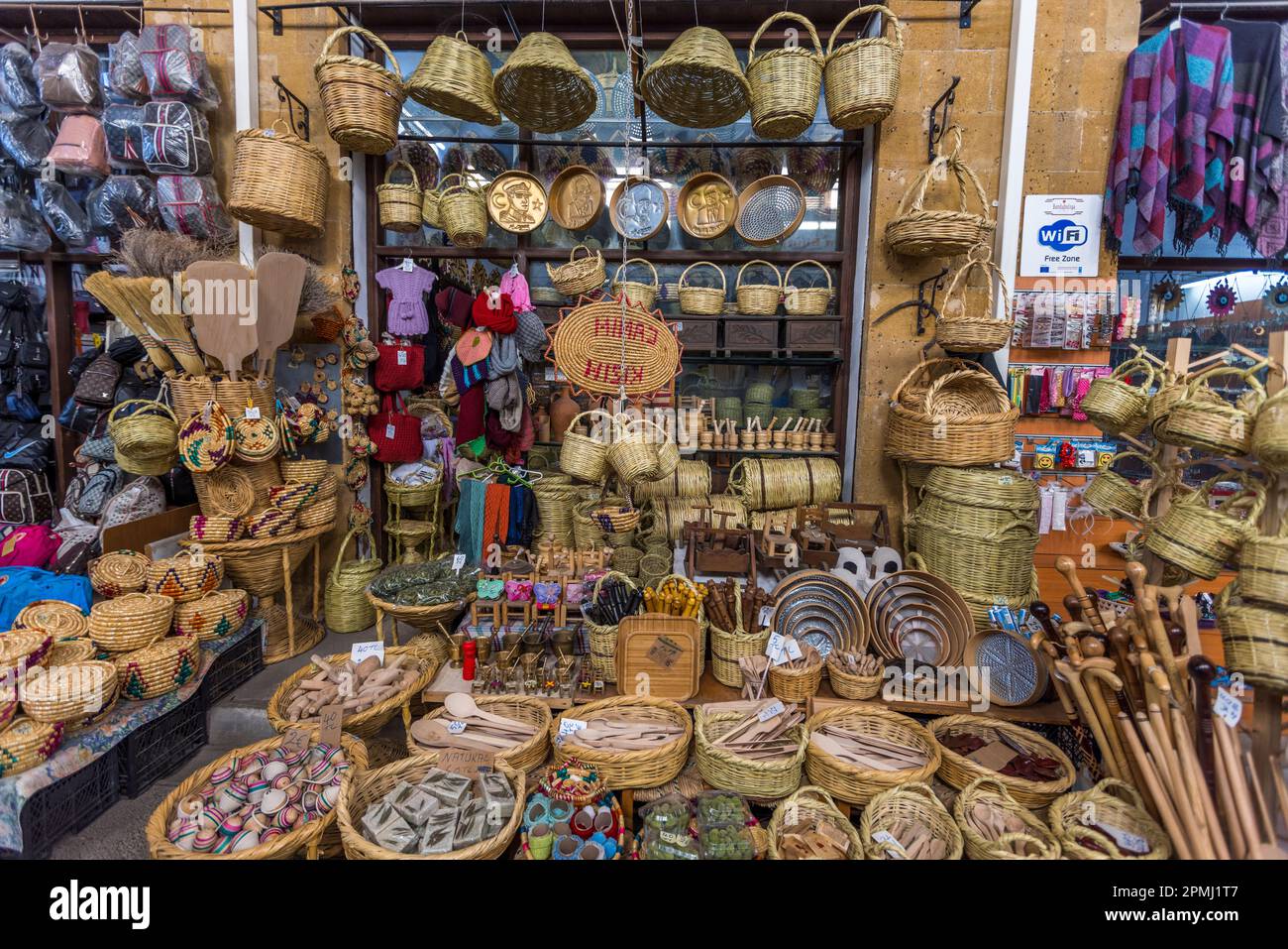 Store with typical wickerwork in the market hall of Nicosia, Cyprus ...