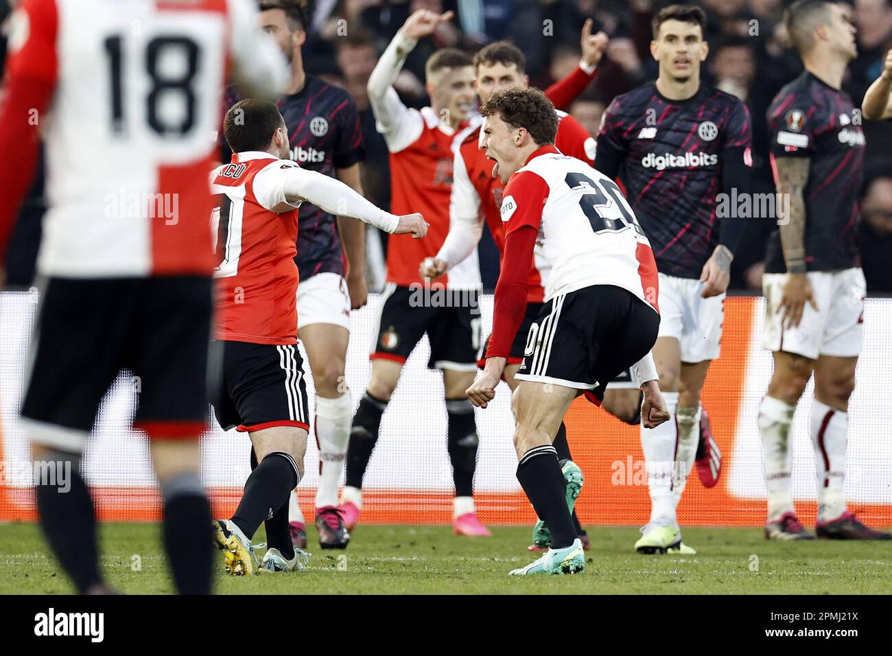 ROTTERDAM - (LR) Orkun Kokcu of Feyenoord, Mats Wieffer of Feyenoord celebrate the 1-0 during ...