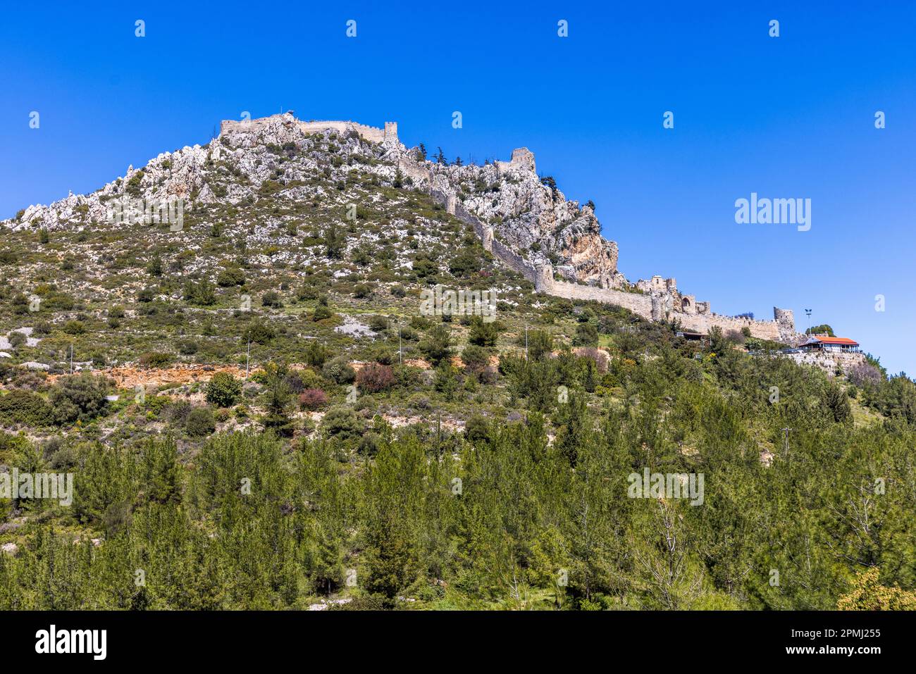 View of the large castle complex St Hilarion with lower castle, middle ...