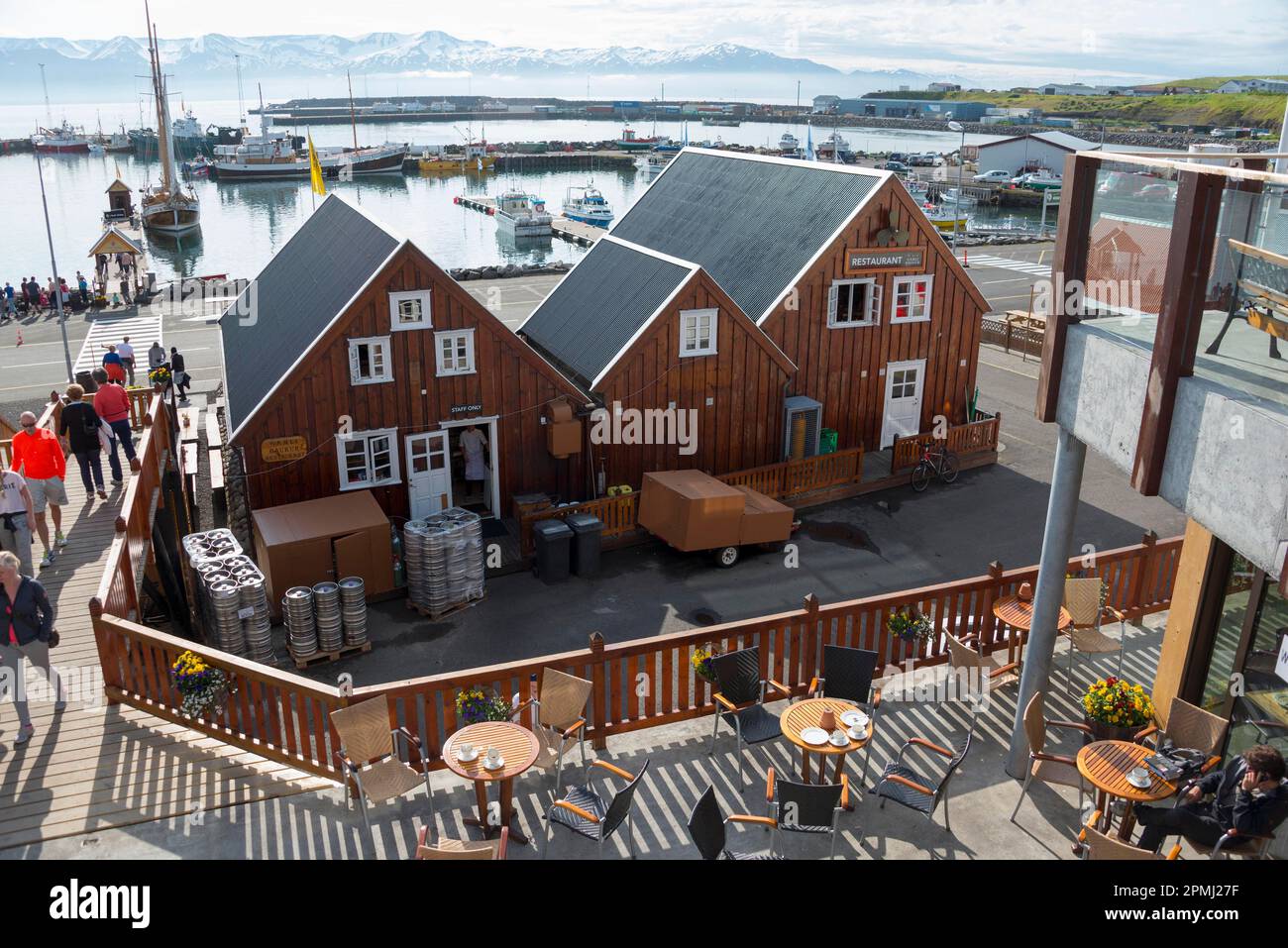 Wooden houses and restaurant Gamli Baukur, by the harbour, Husavik ...