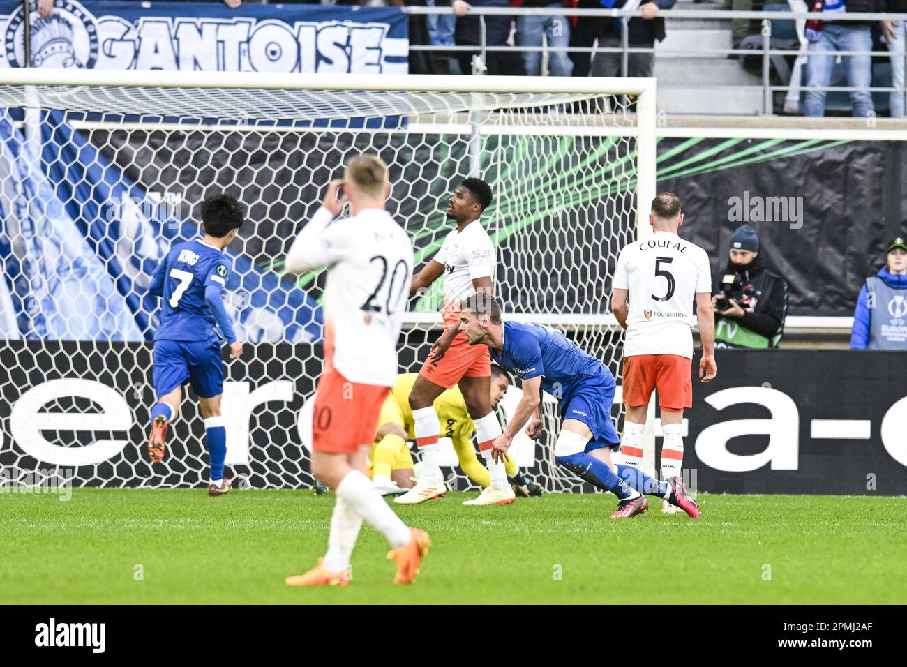Gent, Belgium. 13th Apr, 2023. Gent's Hugo Cuypers celebrates after ...