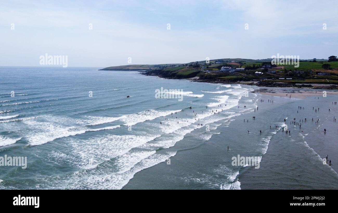 Many Irish on the beach of Inchydoney on a summer day, top view ...