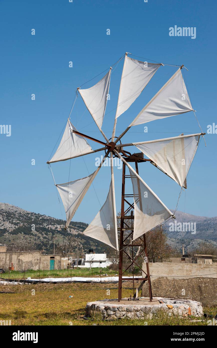 Windmill, wind wheel, Pinakiano, Lassithi Plateau, Crete, Greece ...
