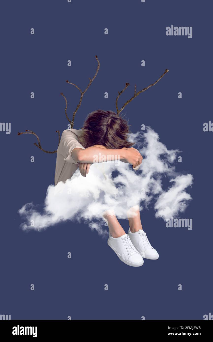 Vertical creative collage abstract 3d photo of upset depressed unhappy ...
