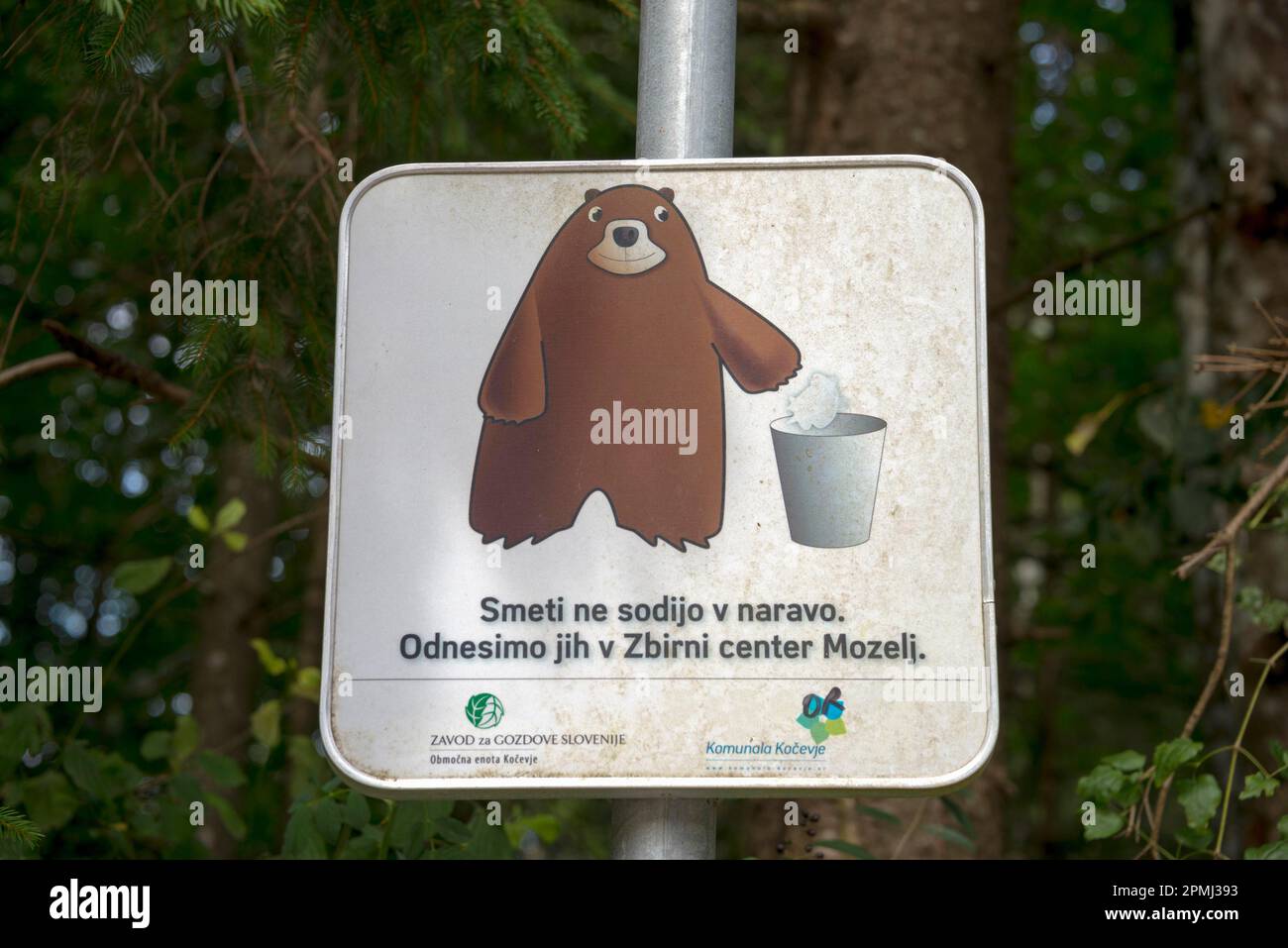 Warning sign against bears, do not leave litter, Slovenia Stock Photo ...