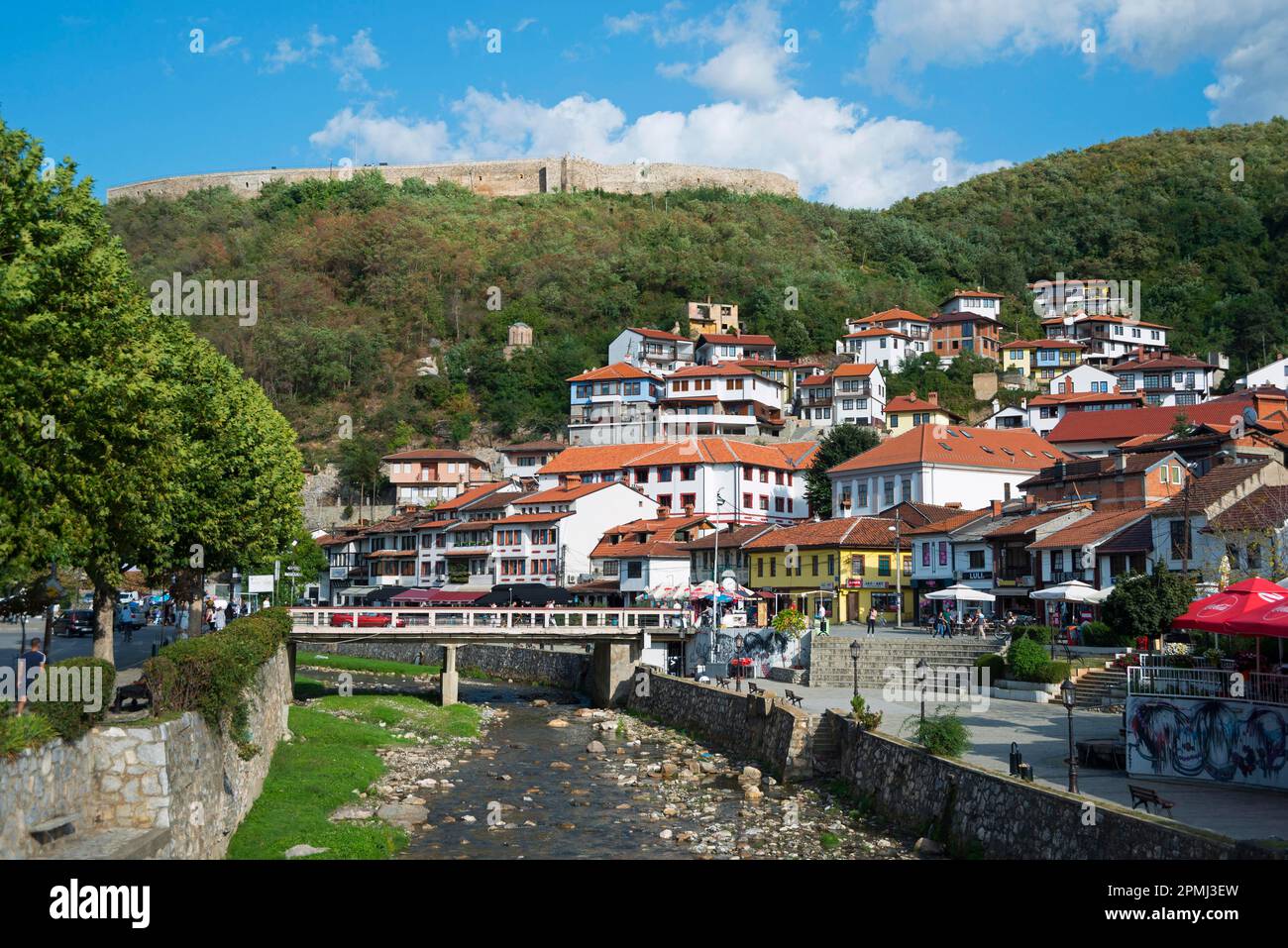 Old town, Bistrica river, the fortress on the left, Prizren, Republic ...
