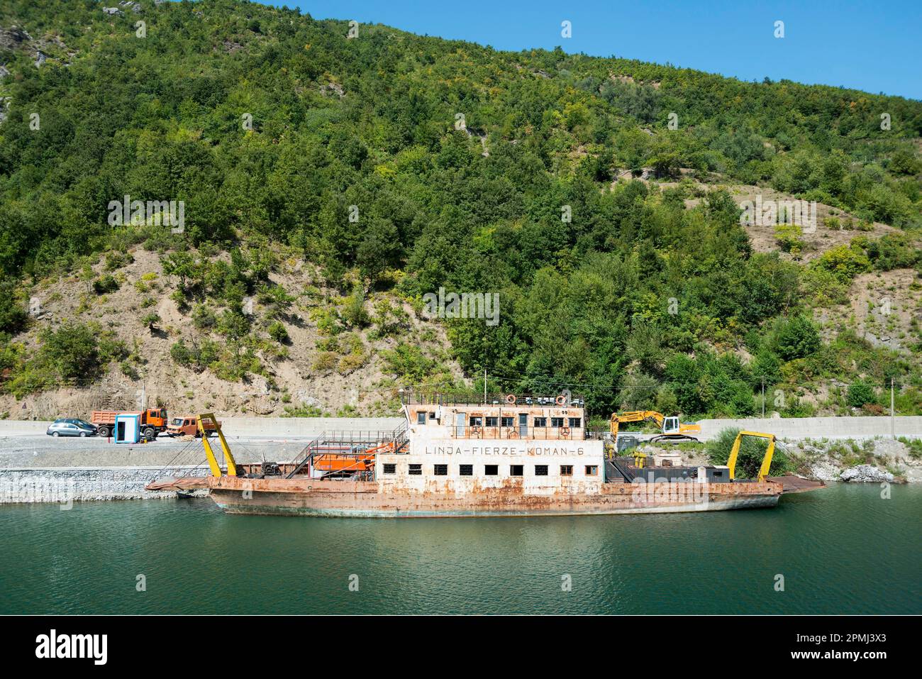 Old ferry Linja-Fierze-Koman, Koman reservoir, river Drin, Albania ...