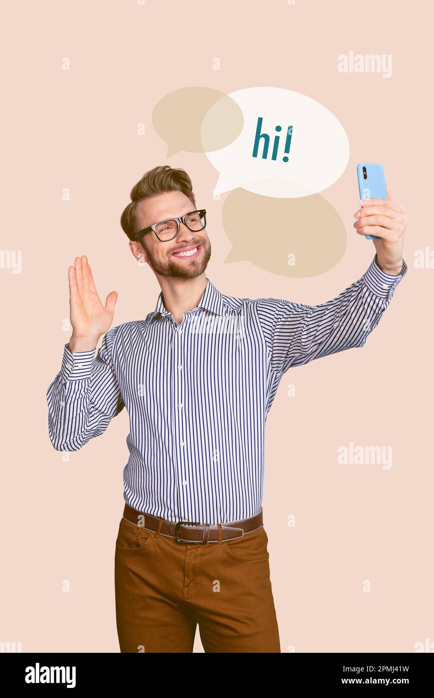 Collage artwork graphics picture of happy smiling guy communicating ...