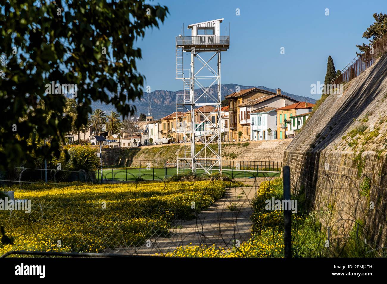 UN watchtower in the buffer zone, the so-called Green Line, which has ...