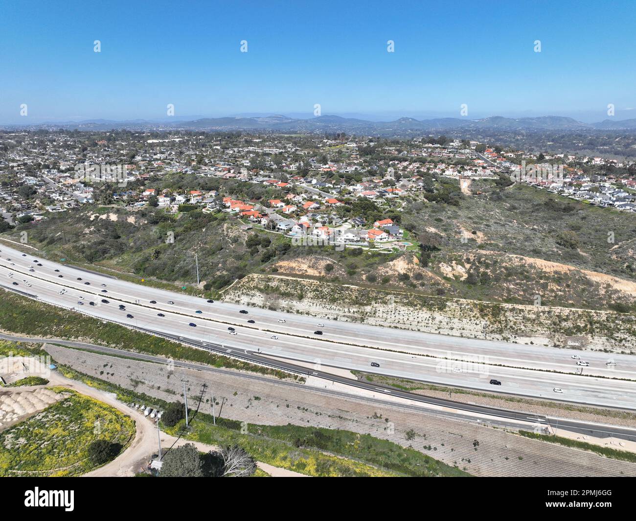Aerial view of highway transportation with small traffic, highway ...