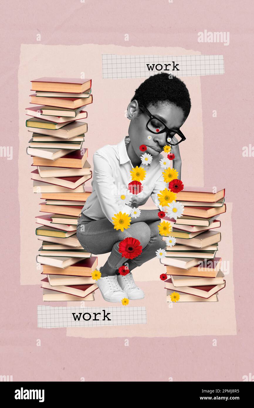 Artwork magazine collage picture of tired upset lady guy gerbera ...