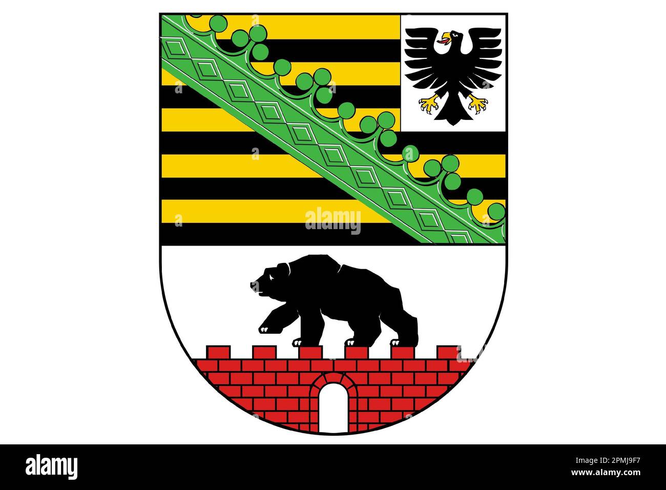 A black bear with yellow stripes stands in front of a white shield ...