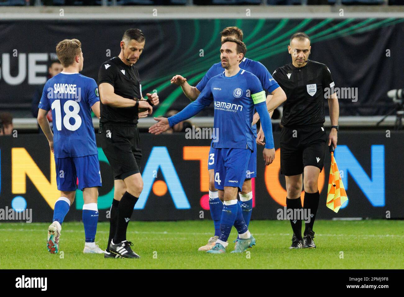 Gent, Belgium. 13th Apr, 2023. Gent's Matisse Samoise and Gent's Sven ...