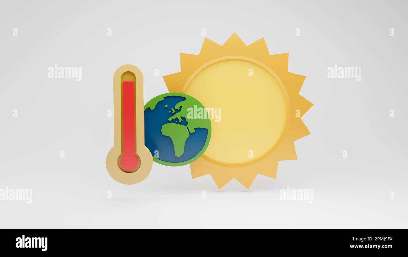 Global warming 3D ilustration concept - sun earth and termometer on ...