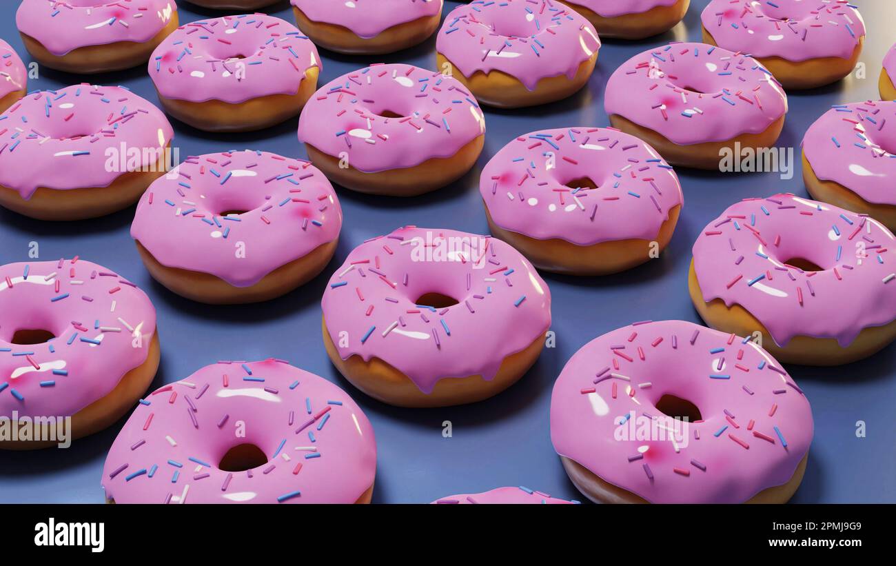 Pink purple donuts with a glaze and sprinkles on a light blue surface ...