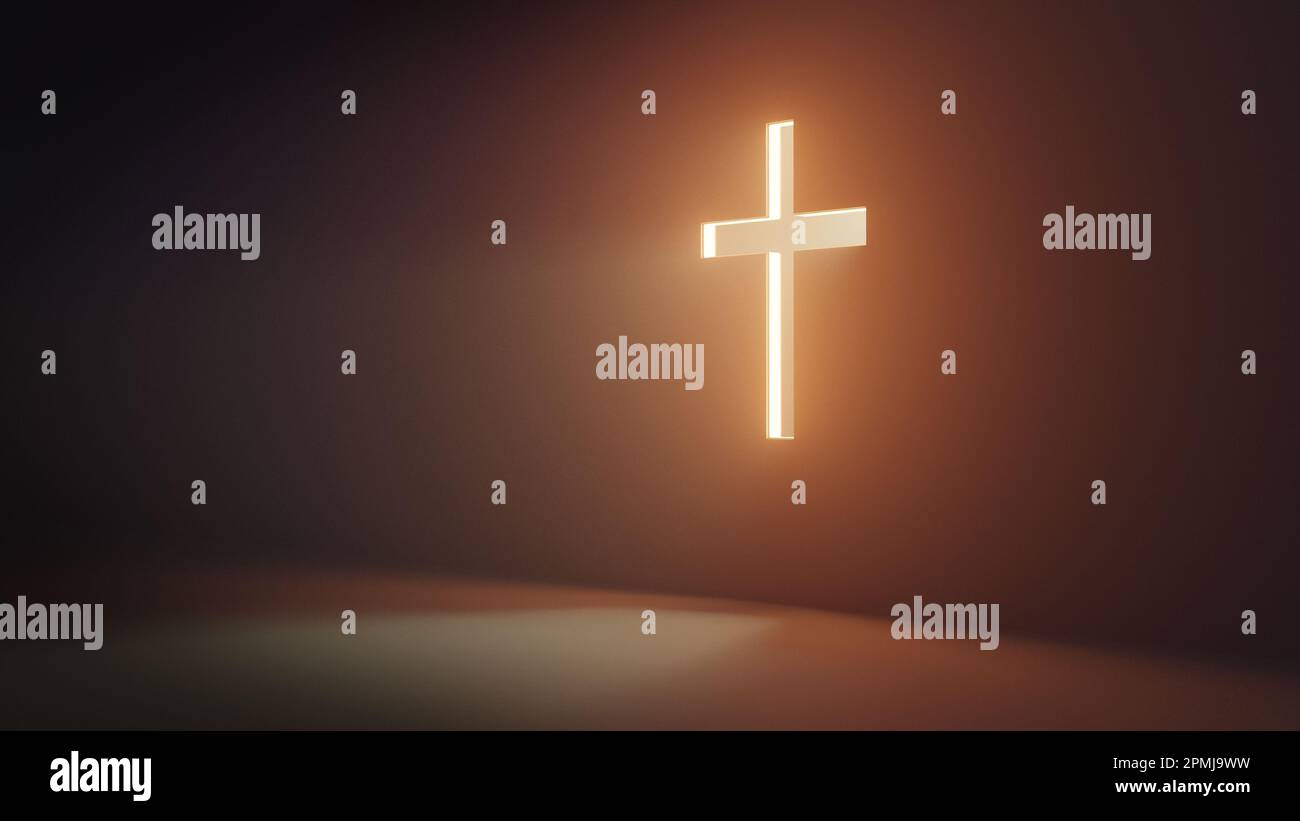 Shining cross on the wall with warm yellow rays of light - 3D ...
