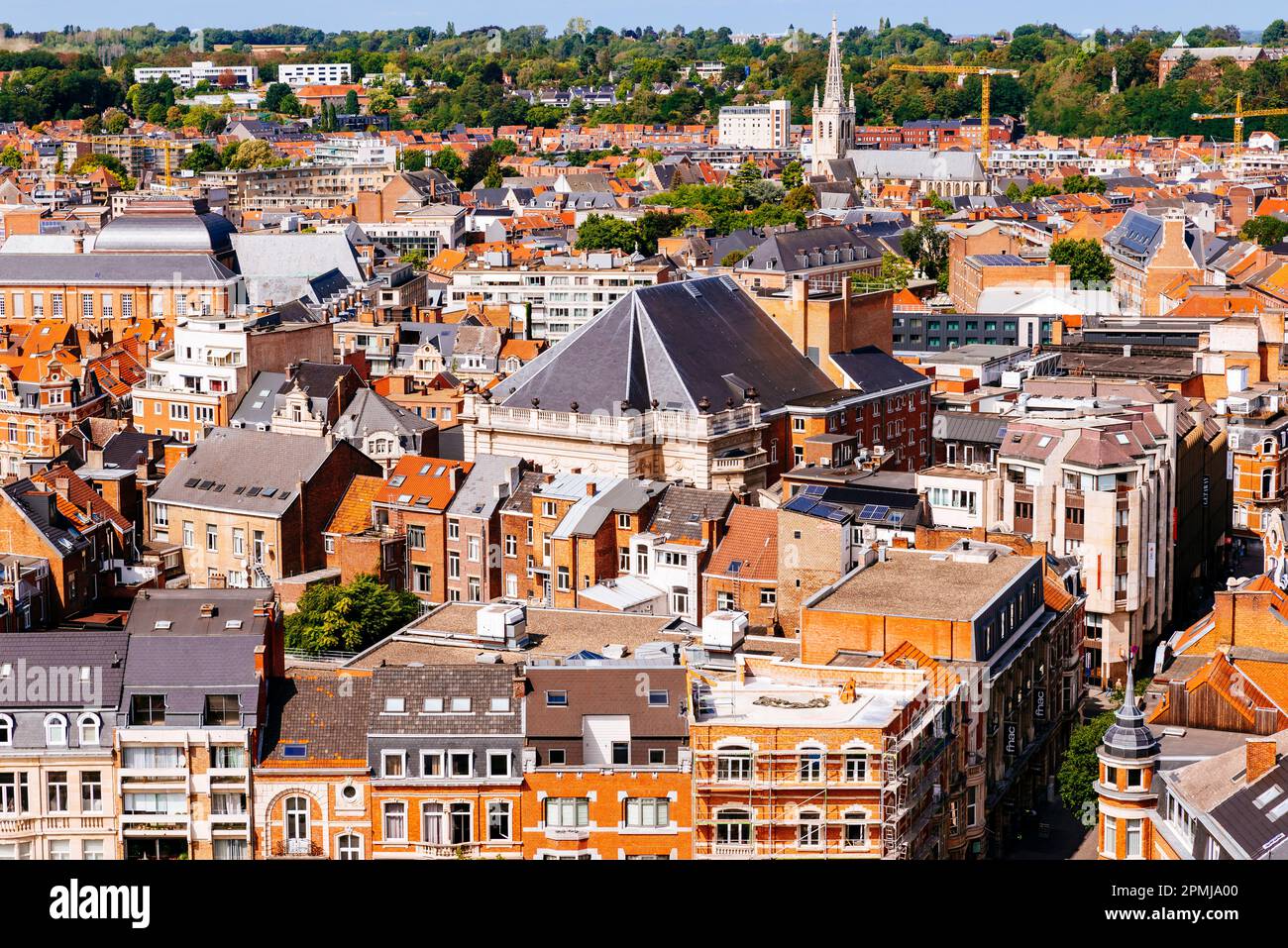 Aerial view of Leuven. Highlighting the Town Theater, Stadsschouwburg ...