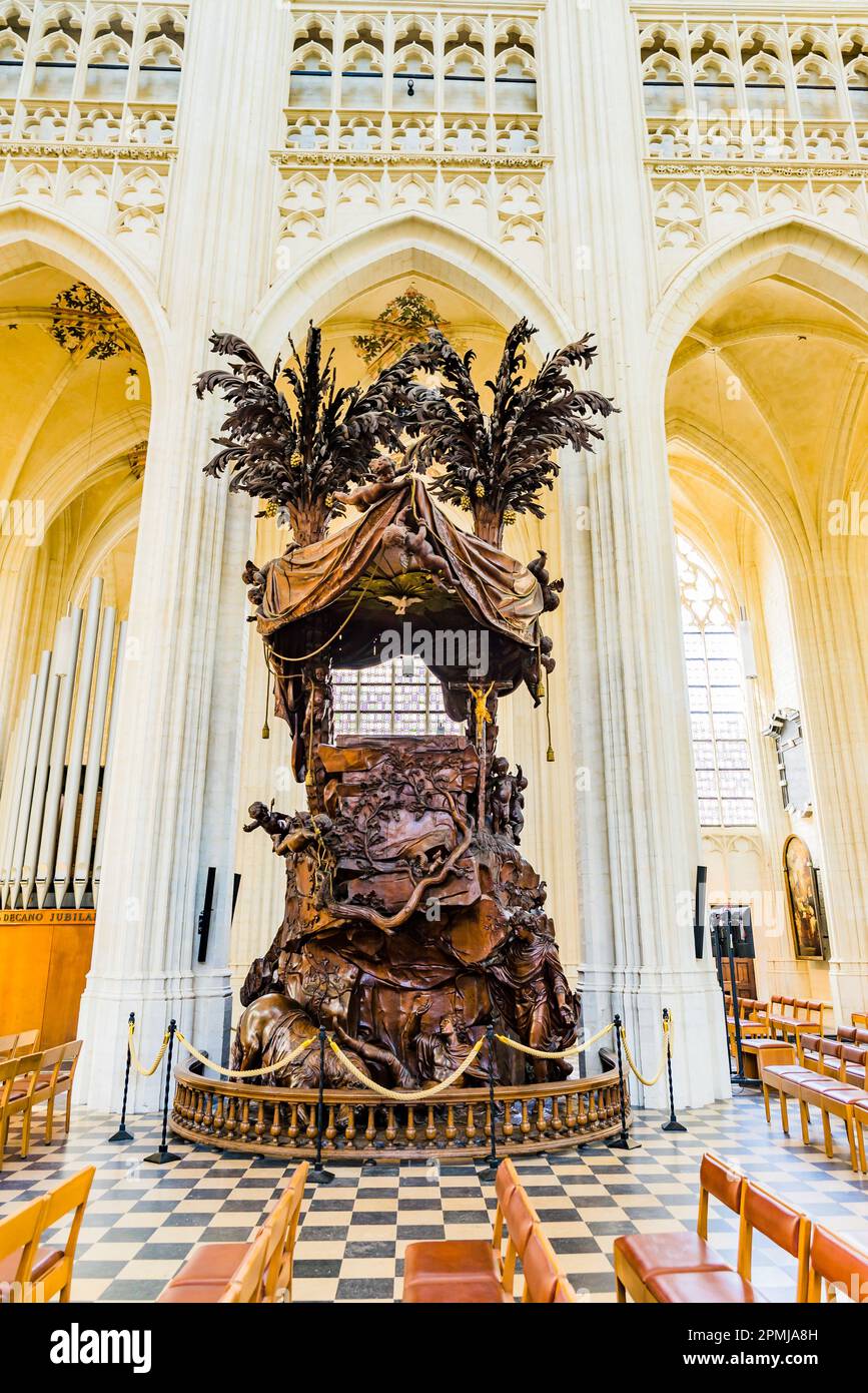 Elaborate oak pulpit. Saint Peter's Church is a Roman Catholic church ...
