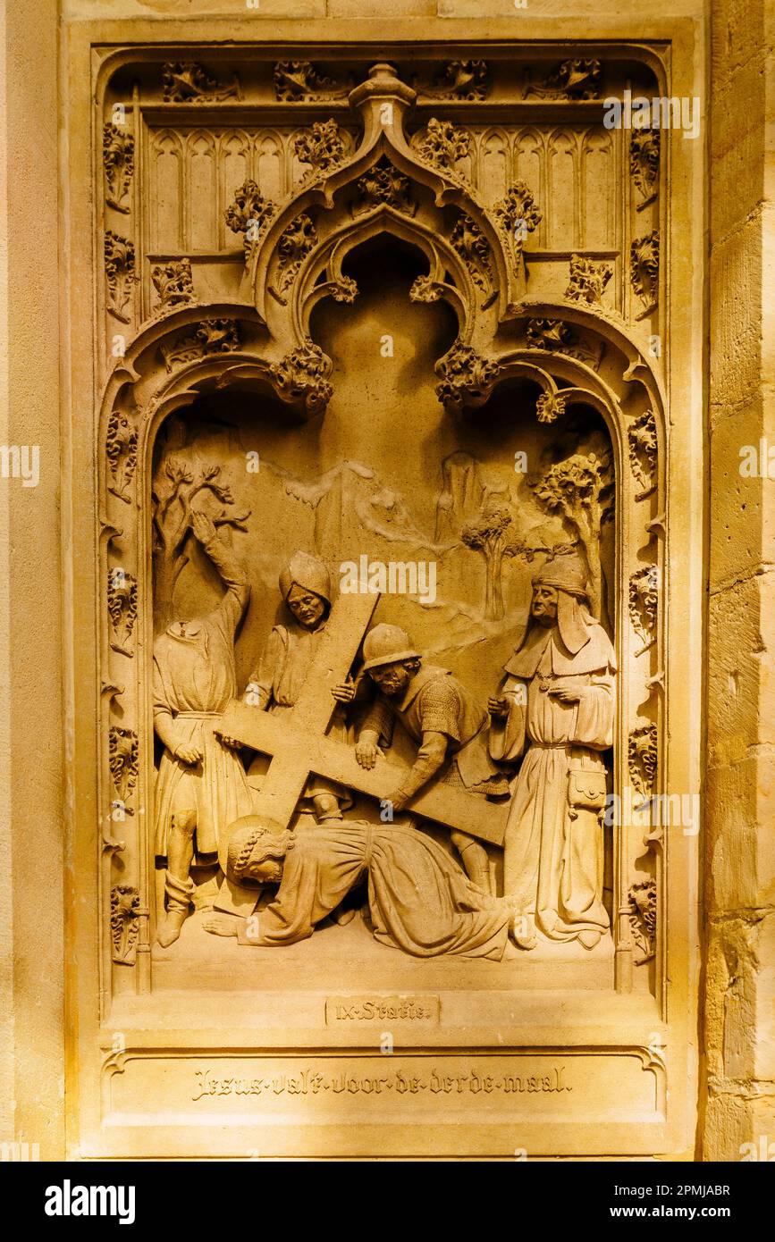 9th, Jesus falls for the third time. Stations of the cross carved in ...