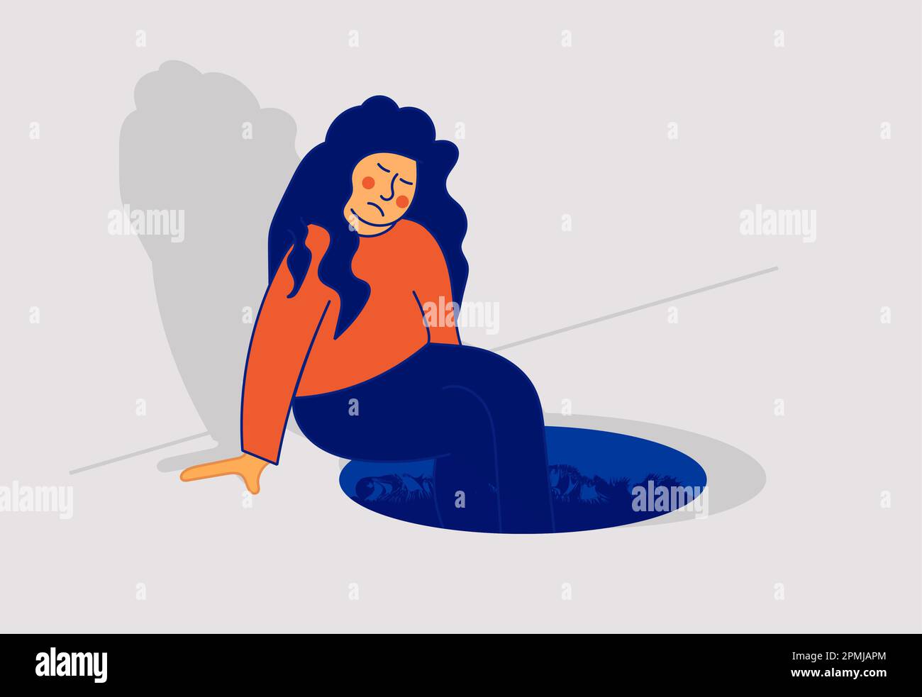 A girl in depression sits on the edge of a hole and is sad. Bad mood ...