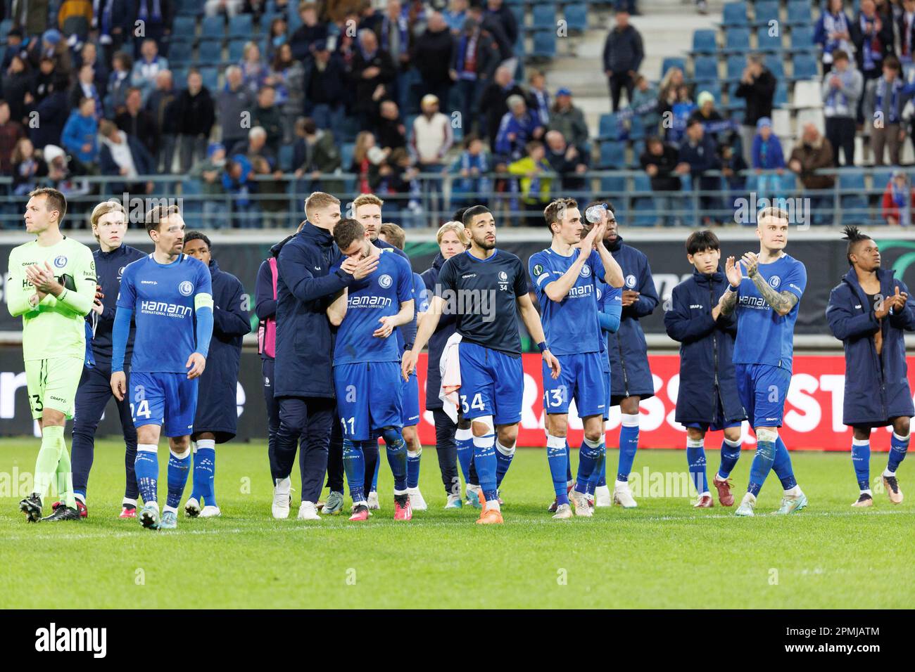 Gent, Belgium. 13th Apr, 2023. Gent's players pictured after a soccer ...