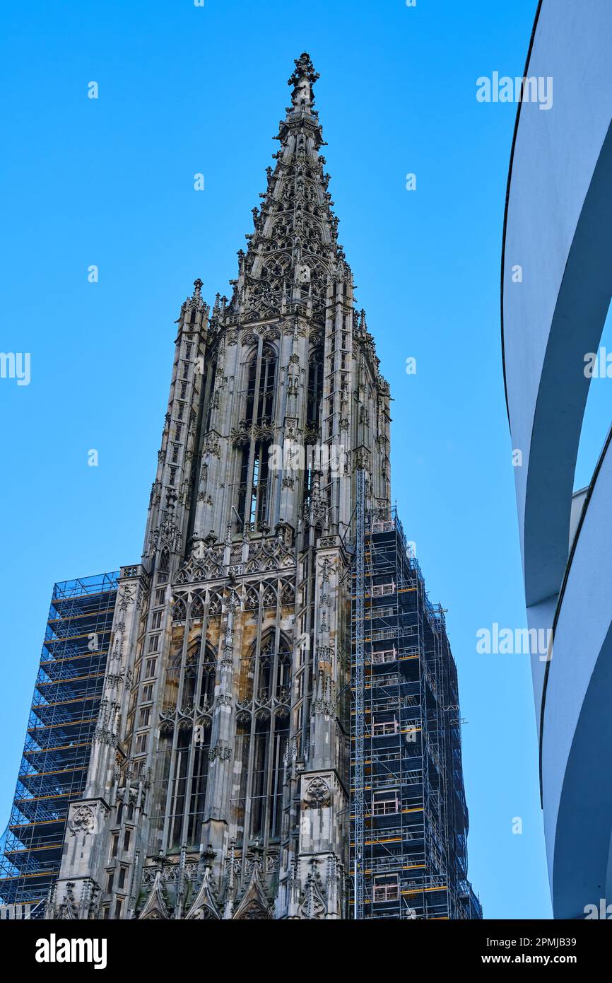 The west steeple of the world-famous Ulm Minster, a Gothic cathedral ...